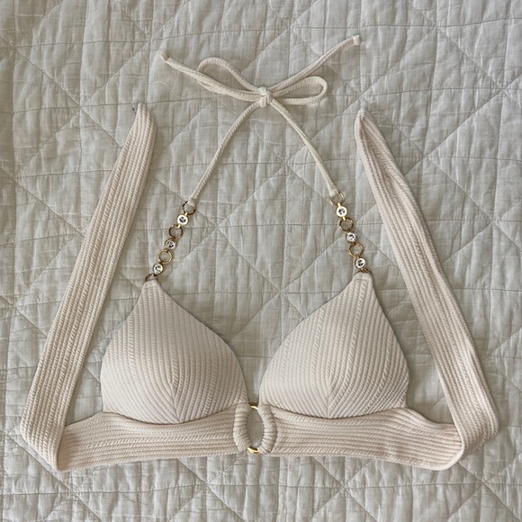 Amazon | Swim | Elegant Cream Halter Tie Gold Diamond Sexy Bikini Top ...